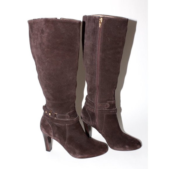 Talbots | Shoes | Talbots Brown Suede Gold Buckle Heeled Boots | Poshmark